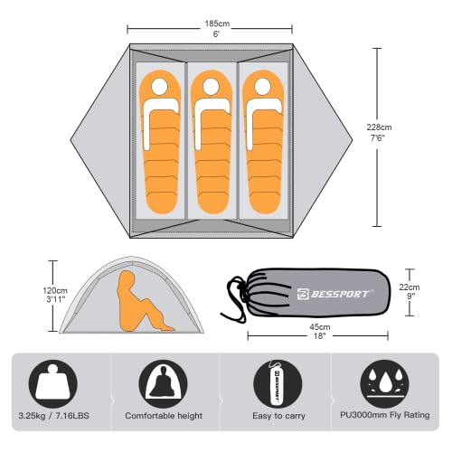 Bessport Camping Tent for 3 Person, Lightweight Backpacking Tent Waterproof Windproof Two Doors Easy Setup Double Layer Outdoor Tents for 3 to 4 Seasons, Suitable for Outdoor,Hiking,Camping