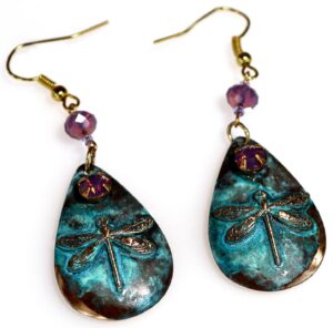 elaine coyne patina wearable art dragonfly teardrop dangle earrings - violette opal authentic crystals