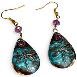 Elaine Coyne Patina Wearable Art Dragonfly Teardrop Dangle Earrings - Violette Opal Authentic Crystals