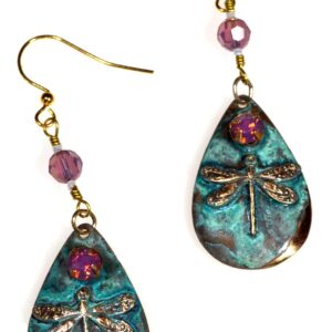 Elaine Coyne Patina Wearable Art Dragonfly Teardrop Dangle Earrings - Violette Opal Authentic Crystals