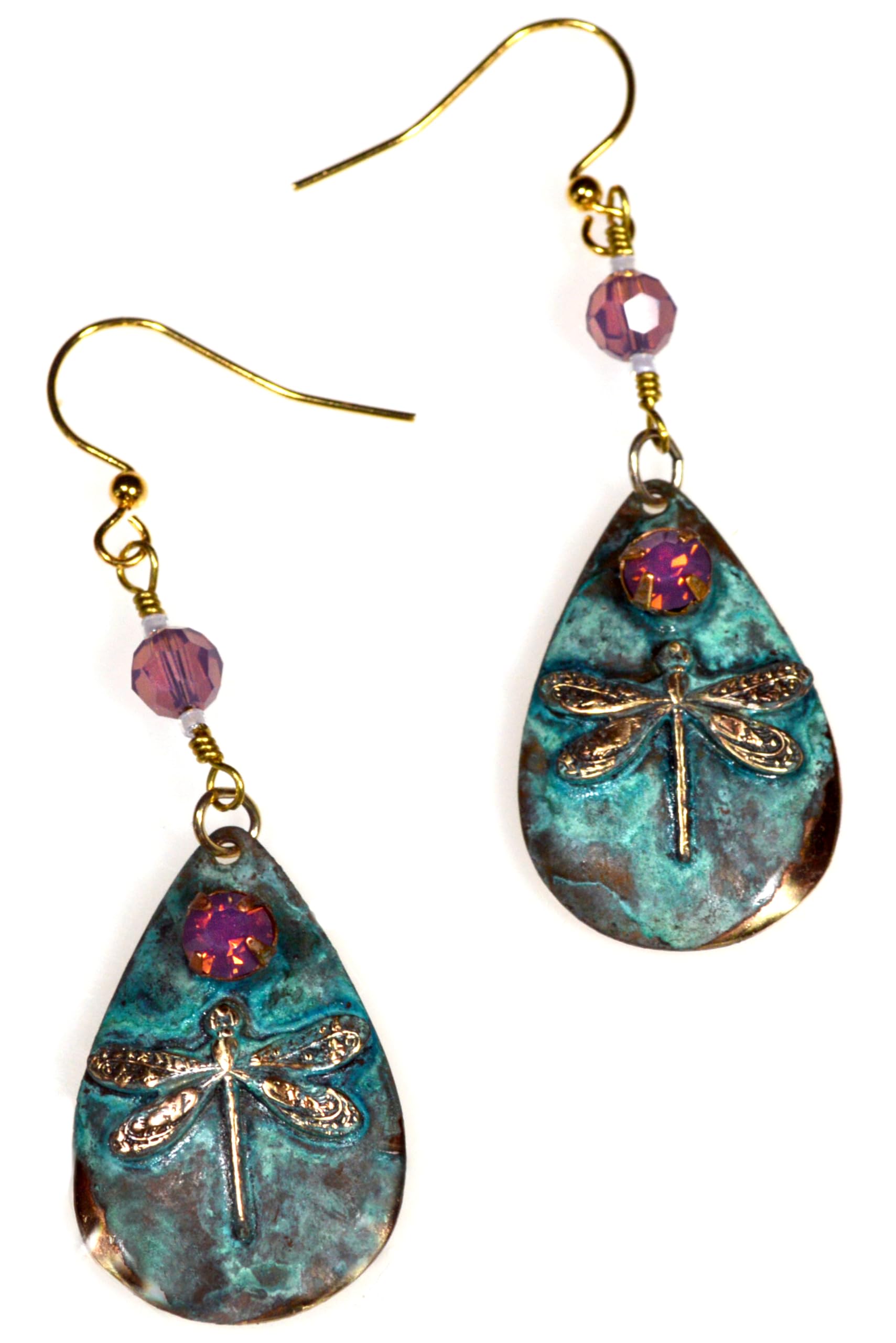 Elaine Coyne Patina Wearable Art Dragonfly Teardrop Dangle Earrings - Violette Opal Authentic Crystals