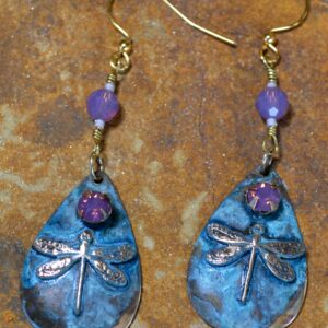 Elaine Coyne Patina Wearable Art Dragonfly Teardrop Dangle Earrings - Violette Opal Authentic Crystals