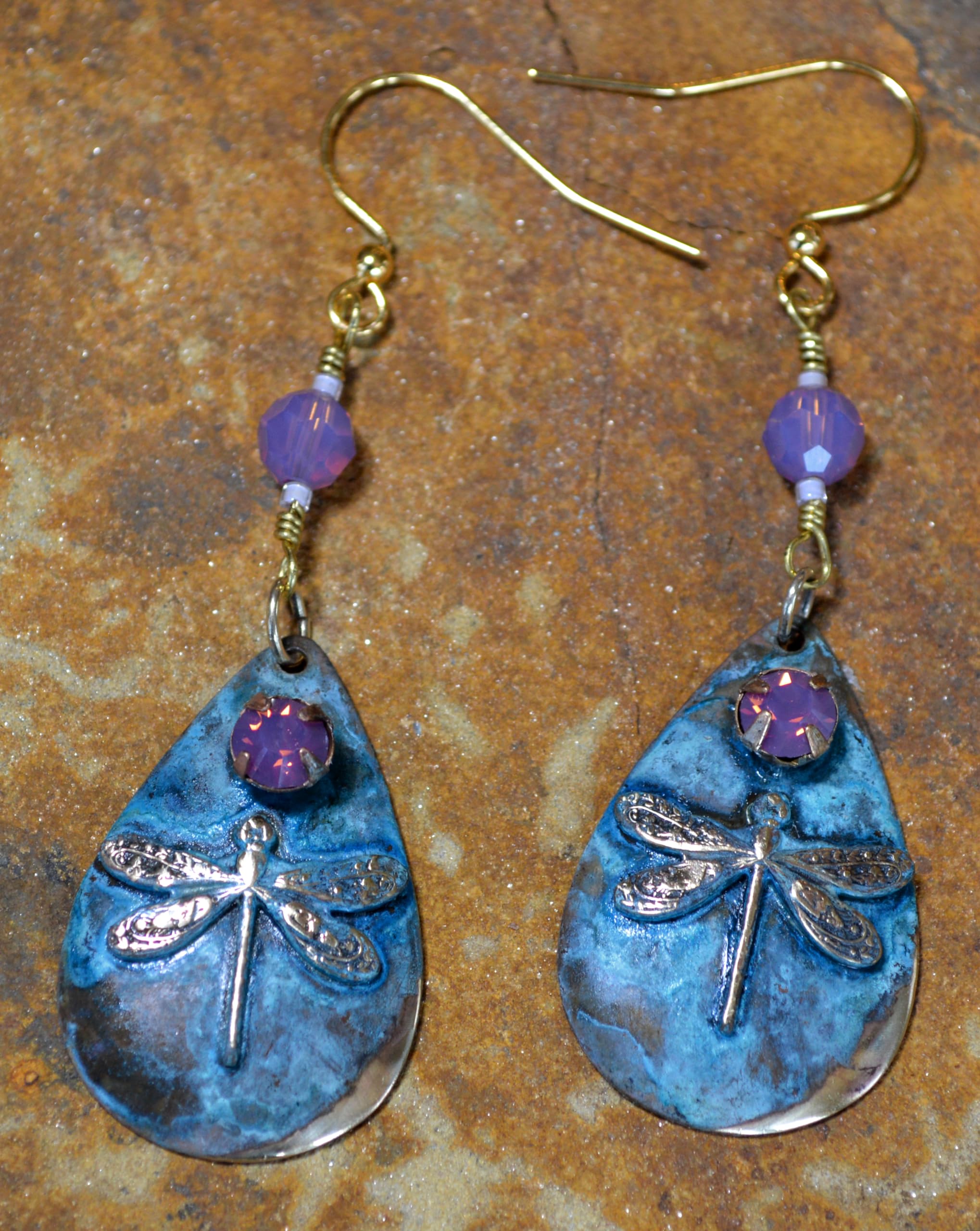 Elaine Coyne Patina Wearable Art Dragonfly Teardrop Dangle Earrings - Violette Opal Authentic Crystals