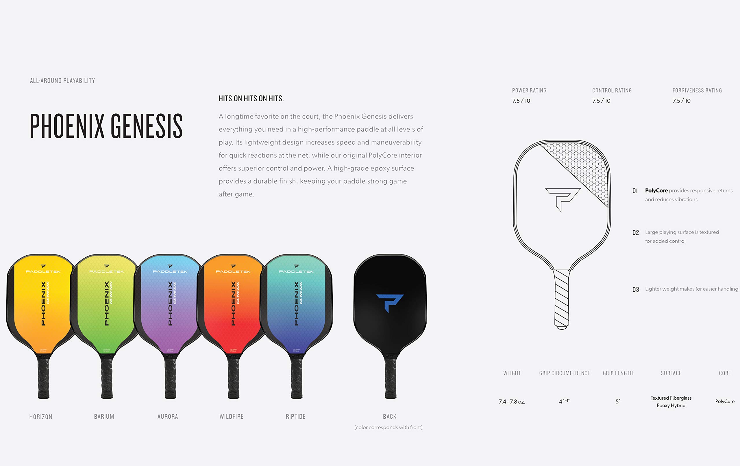 Paddletek Phoenix Genesis - Professional Pickleball Paddles with Honeycomb Core – Polycore & Fiberglass Epoxy Surface - High Tack Performance Grip – 7.4 oz to 7.8 oz – USAPA Approved (Purple)