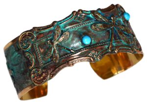 elaine coyne wearable art patina brass dragonflies cuff bracelet - turquoise