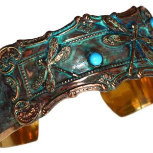 Elaine Coyne Wearable Art Patina Brass Dragonflies Cuff Bracelet - Turquoise