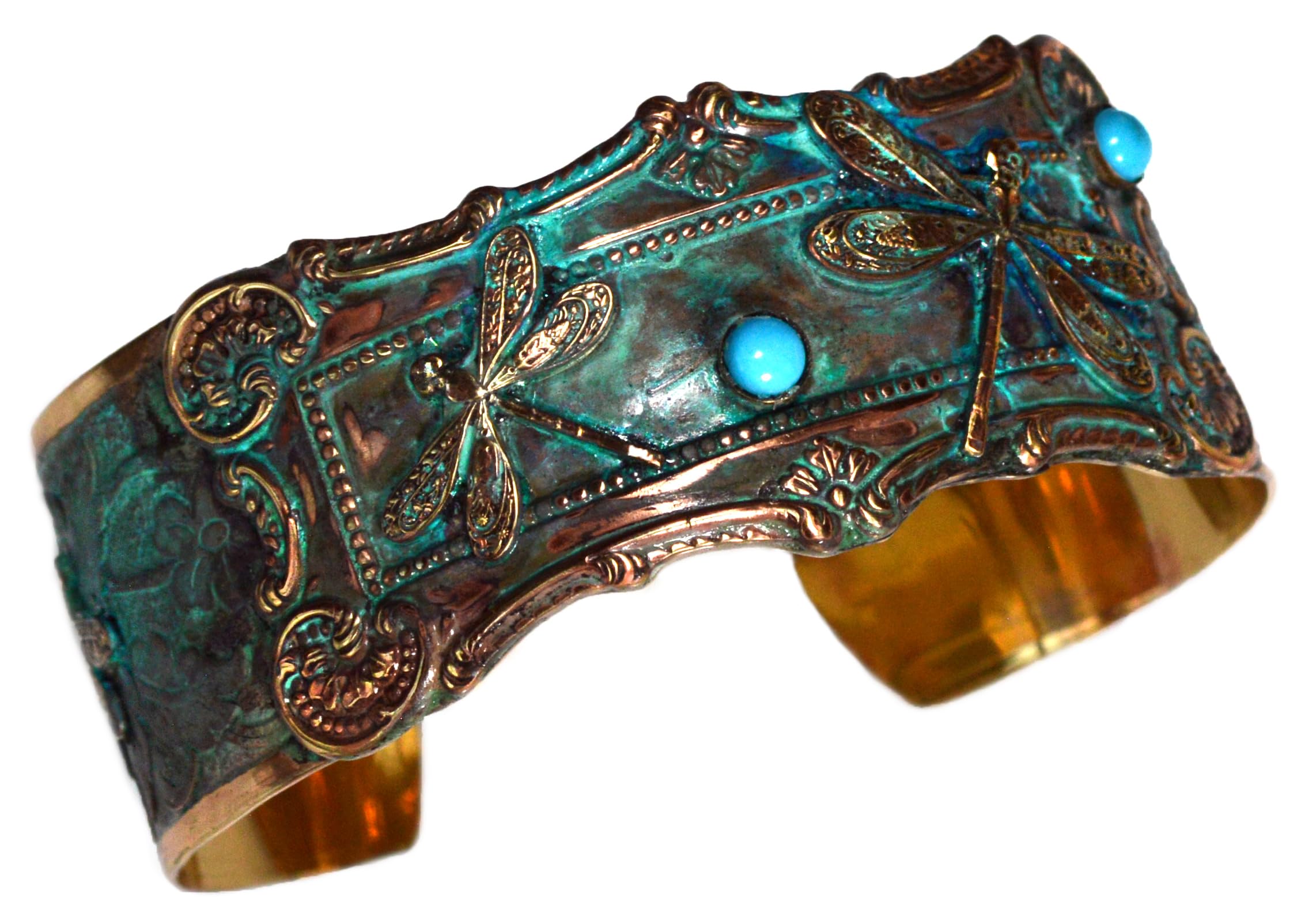 Elaine Coyne Wearable Art Patina Brass Dragonflies Cuff Bracelet - Turquoise