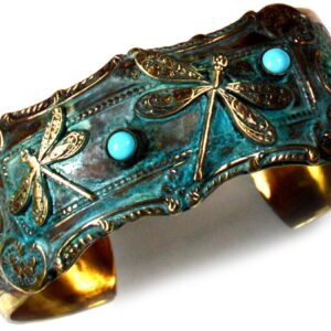 Elaine Coyne Wearable Art Patina Brass Dragonflies Cuff Bracelet - Turquoise