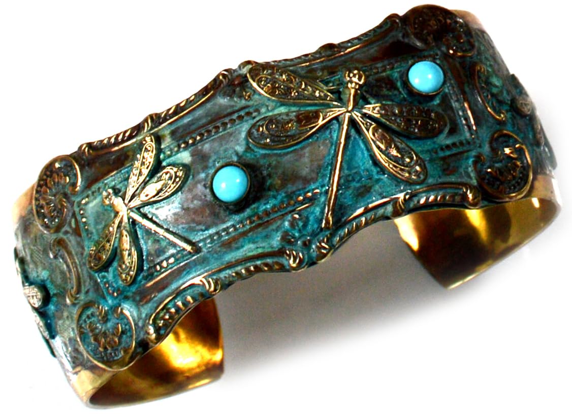 Elaine Coyne Wearable Art Patina Brass Dragonflies Cuff Bracelet - Turquoise