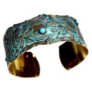 Elaine Coyne Wearable Art Patina Brass Dragonflies Cuff Bracelet - Turquoise