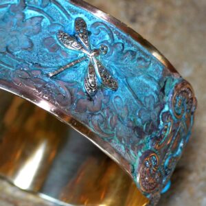 Elaine Coyne Wearable Art Patina Brass Dragonflies Cuff Bracelet - Turquoise