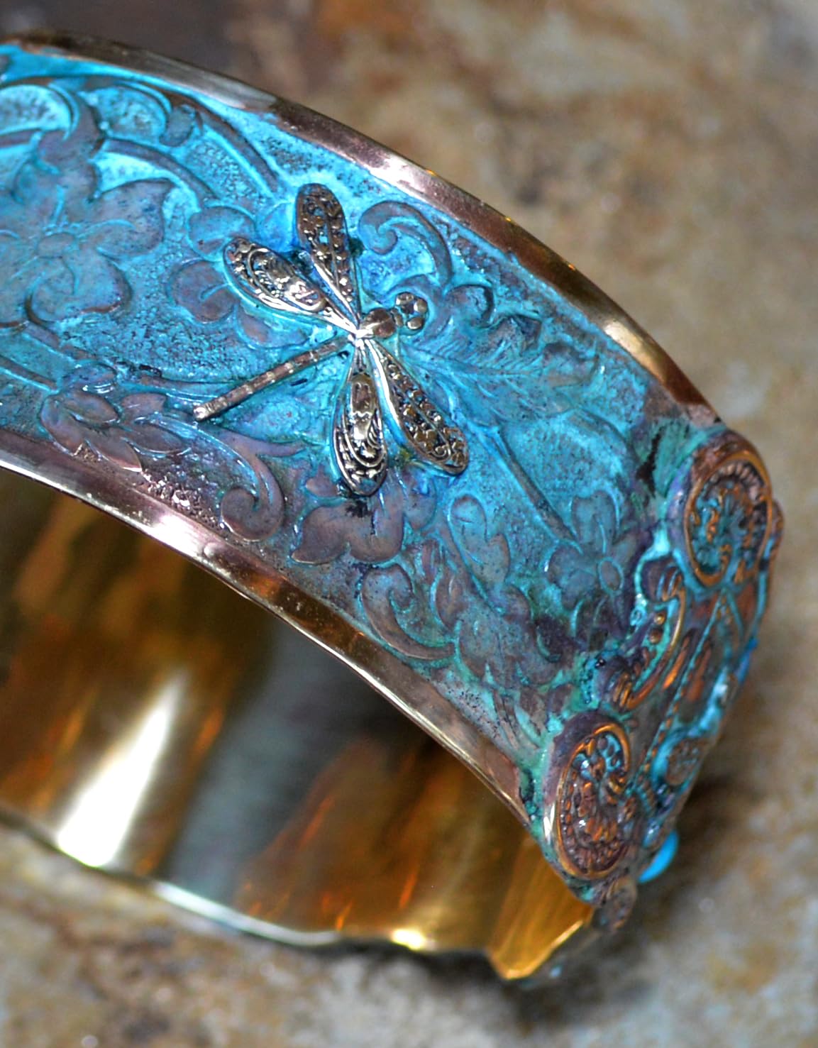 Elaine Coyne Wearable Art Patina Brass Dragonflies Cuff Bracelet - Turquoise