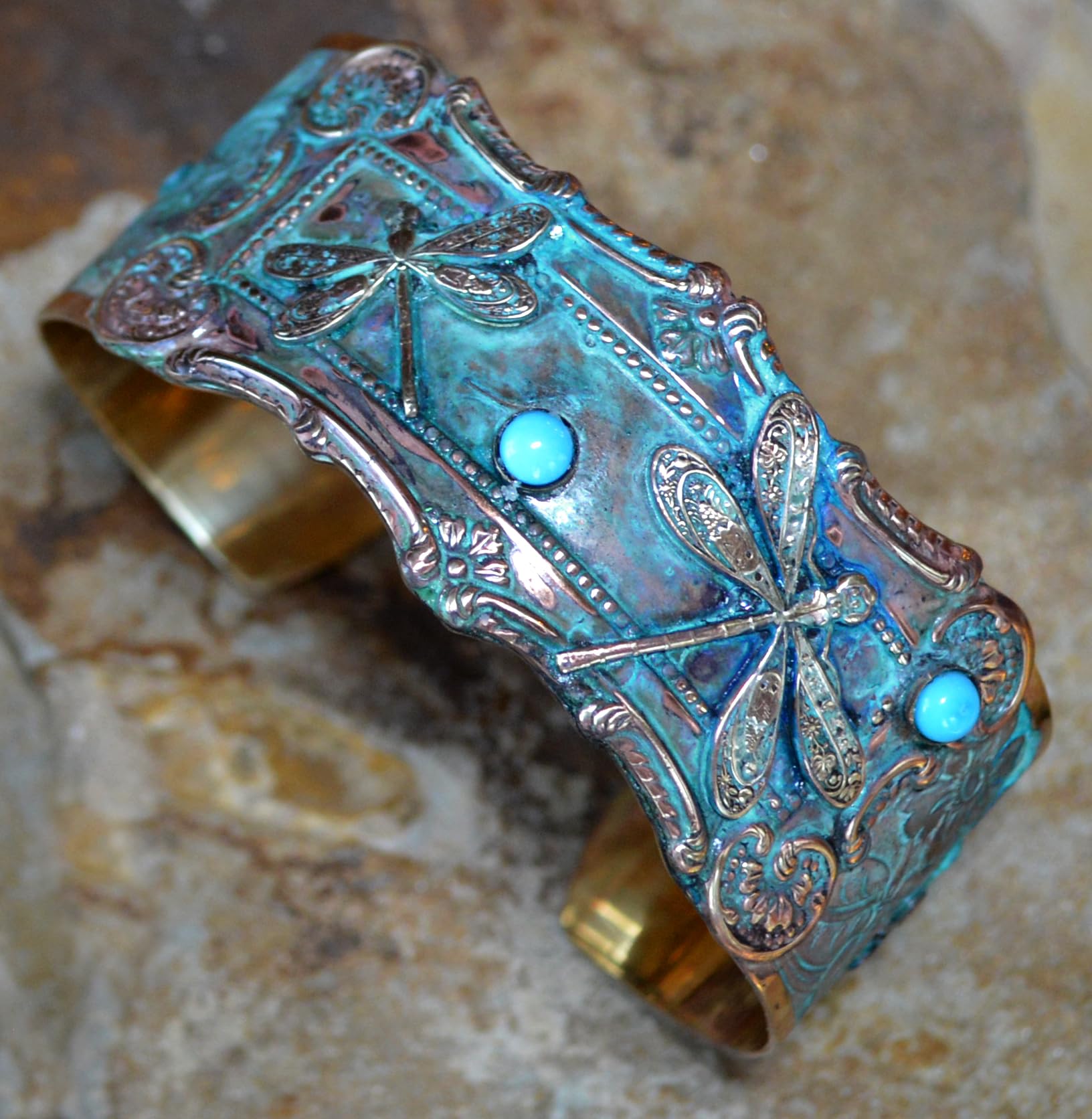 Elaine Coyne Wearable Art Patina Brass Dragonflies Cuff Bracelet - Turquoise