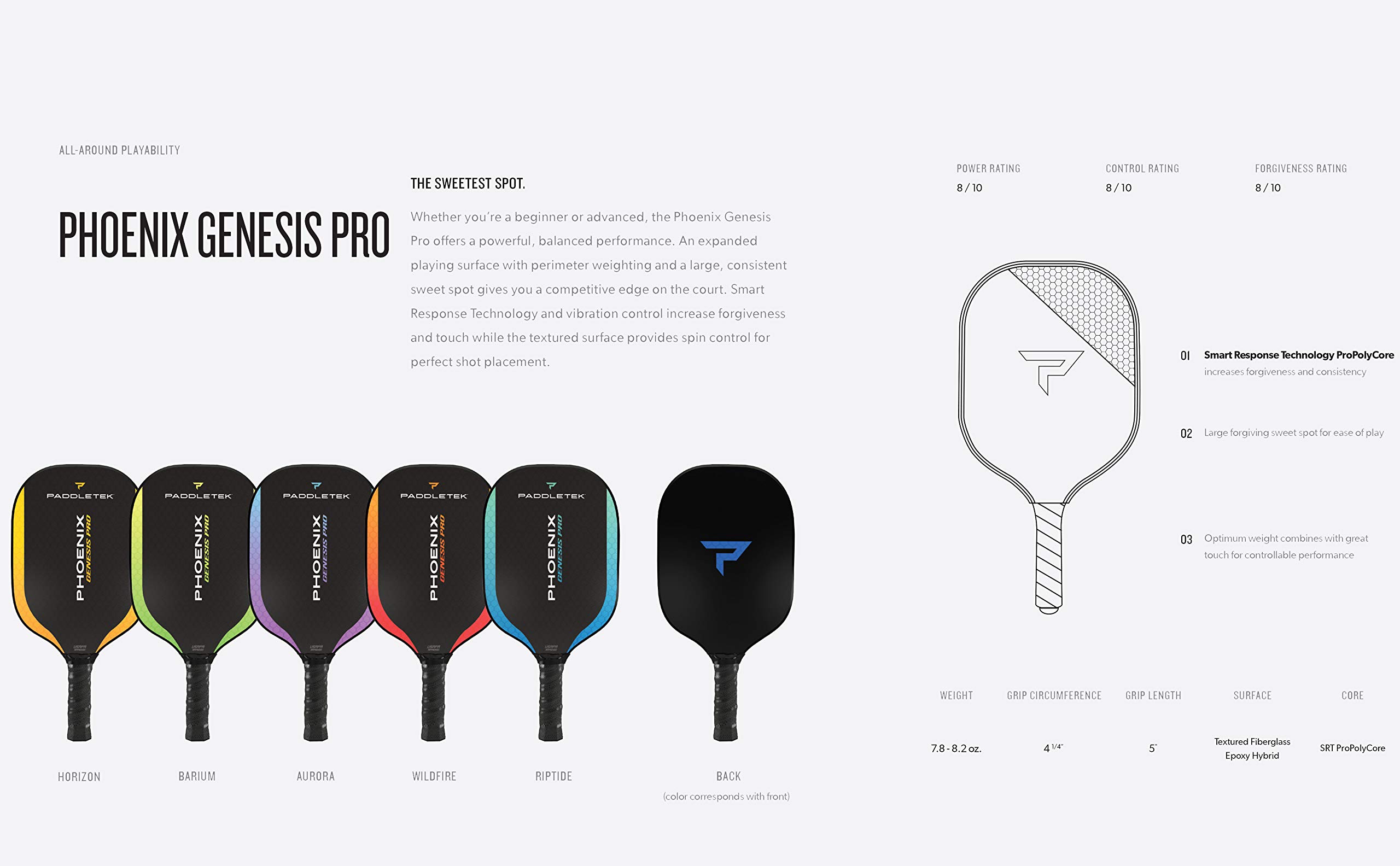 Paddletek Phoenix Genesis Pro - Professional Pickleball Paddles with Honeycomb Core – SRT Pro PolyCore & Fiberglass Epoxy Surface - High Tack Performance Grip – 7.8 oz to 8.2 oz – USAPA Approved