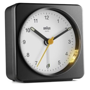 Braun Classic Analogue Alarm Clock with Snooze and Light, Quiet Quartz Sweeping Movement, Crescendo Beep Alarm in Black and White, Model BC03BW.