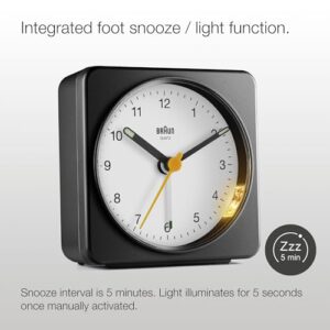 Braun Classic Analogue Alarm Clock with Snooze and Light, Quiet Quartz Sweeping Movement, Crescendo Beep Alarm in Black and White, Model BC03BW.