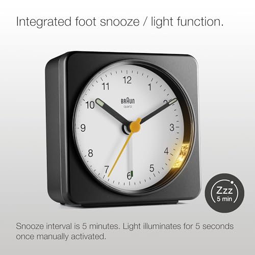 Braun Classic Analogue Alarm Clock with Snooze and Light, Quiet Quartz Sweeping Movement, Crescendo Beep Alarm in Black and White, Model BC03BW.