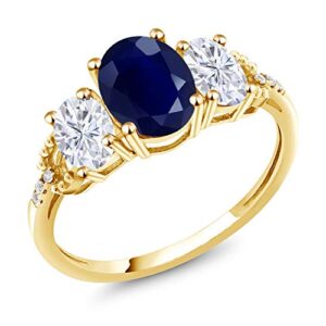 gem stone king 2.84 cttw 10k yellow gold blue sapphire white moissanite and diamond 3-stone engagement ring | gemstone birthstone | 3 stone wedding anniversary promise ring for women (size 7)