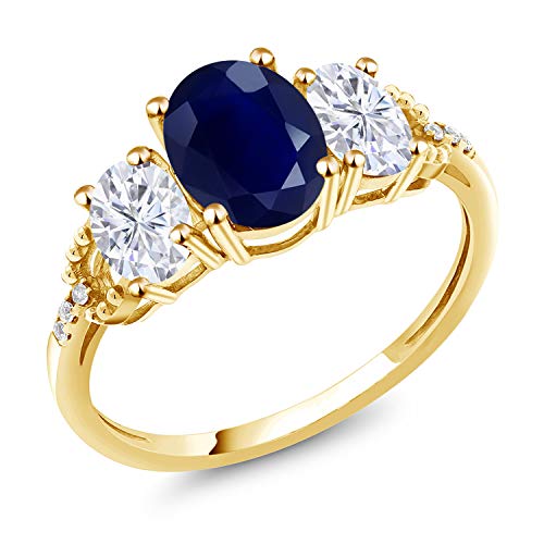 Gem Stone King 2.84 Cttw 10K Yellow Gold Blue Sapphire White Moissanite and Diamond 3-Stone Engagement Ring | Gemstone Birthstone | 3 Stone Wedding Anniversary Promise Ring For Women (Size 7)