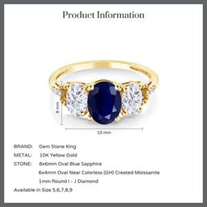 Gem Stone King 2.84 Cttw 10K Yellow Gold Blue Sapphire White Moissanite and Diamond 3-Stone Engagement Ring | Gemstone Birthstone | 3 Stone Wedding Anniversary Promise Ring For Women (Size 7)