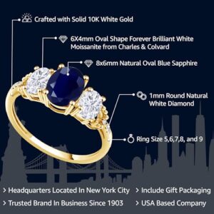 Gem Stone King 2.84 Cttw 10K Yellow Gold Blue Sapphire White Moissanite and Diamond 3-Stone Engagement Ring | Gemstone Birthstone | 3 Stone Wedding Anniversary Promise Ring For Women (Size 7)