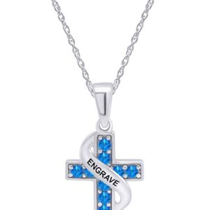 AFFY Round Simulated Blue Topaz Personalized Name Engraved Cross Pendant Necklace in 14k White Gold Over Sterling Silver 18" Chain