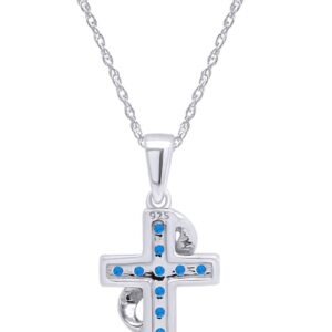 AFFY Round Simulated Blue Topaz Personalized Name Engraved Cross Pendant Necklace in 14k White Gold Over Sterling Silver 18" Chain