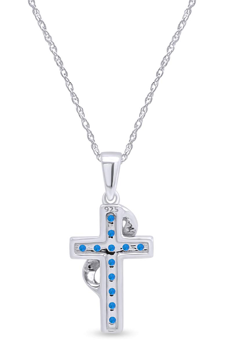 AFFY Round Simulated Blue Topaz Personalized Name Engraved Cross Pendant Necklace in 14k White Gold Over Sterling Silver 18" Chain