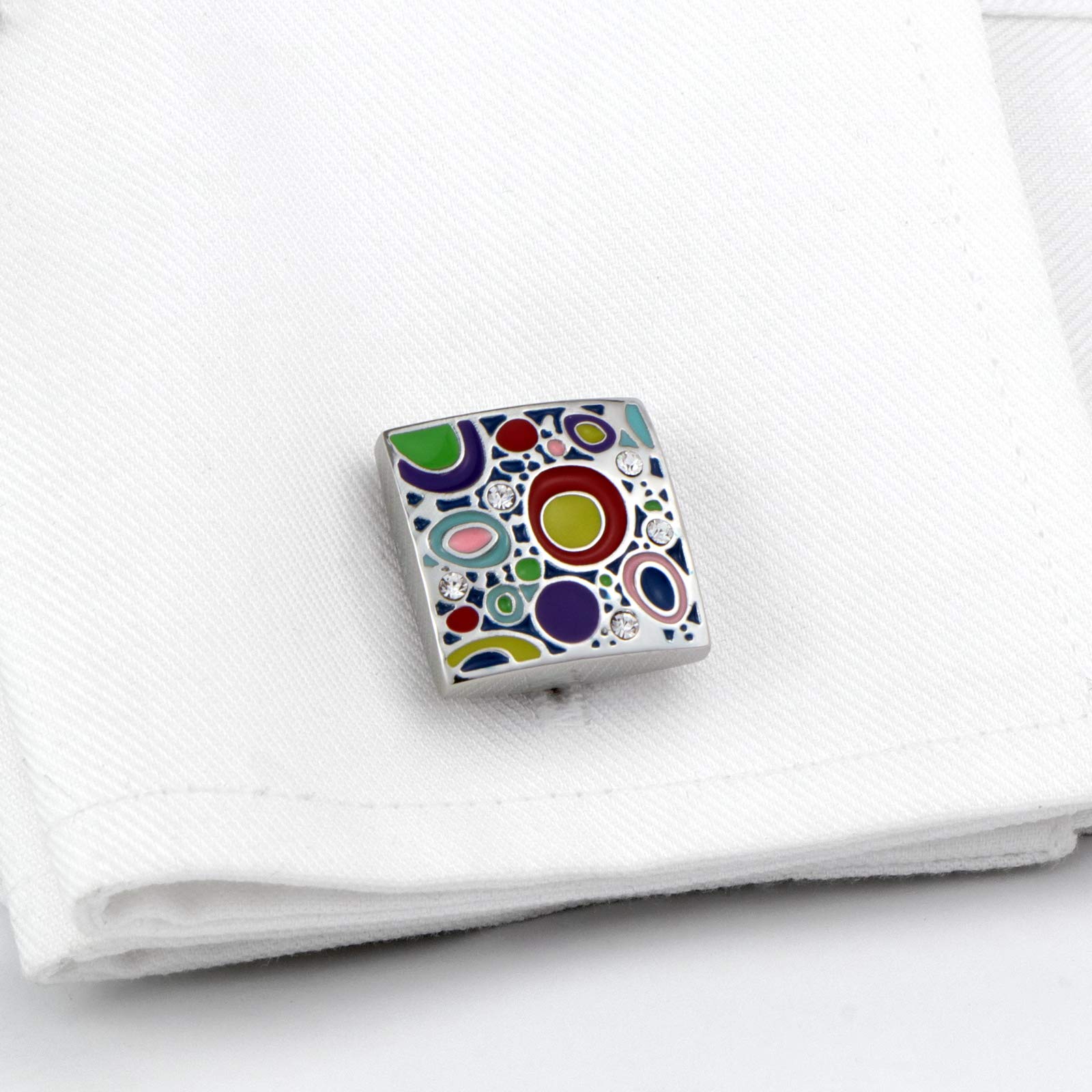 VIILOCK Silver Plated Cufflinks for Men Colorful Rainbow Crystal Cuff Links Wedding Gift