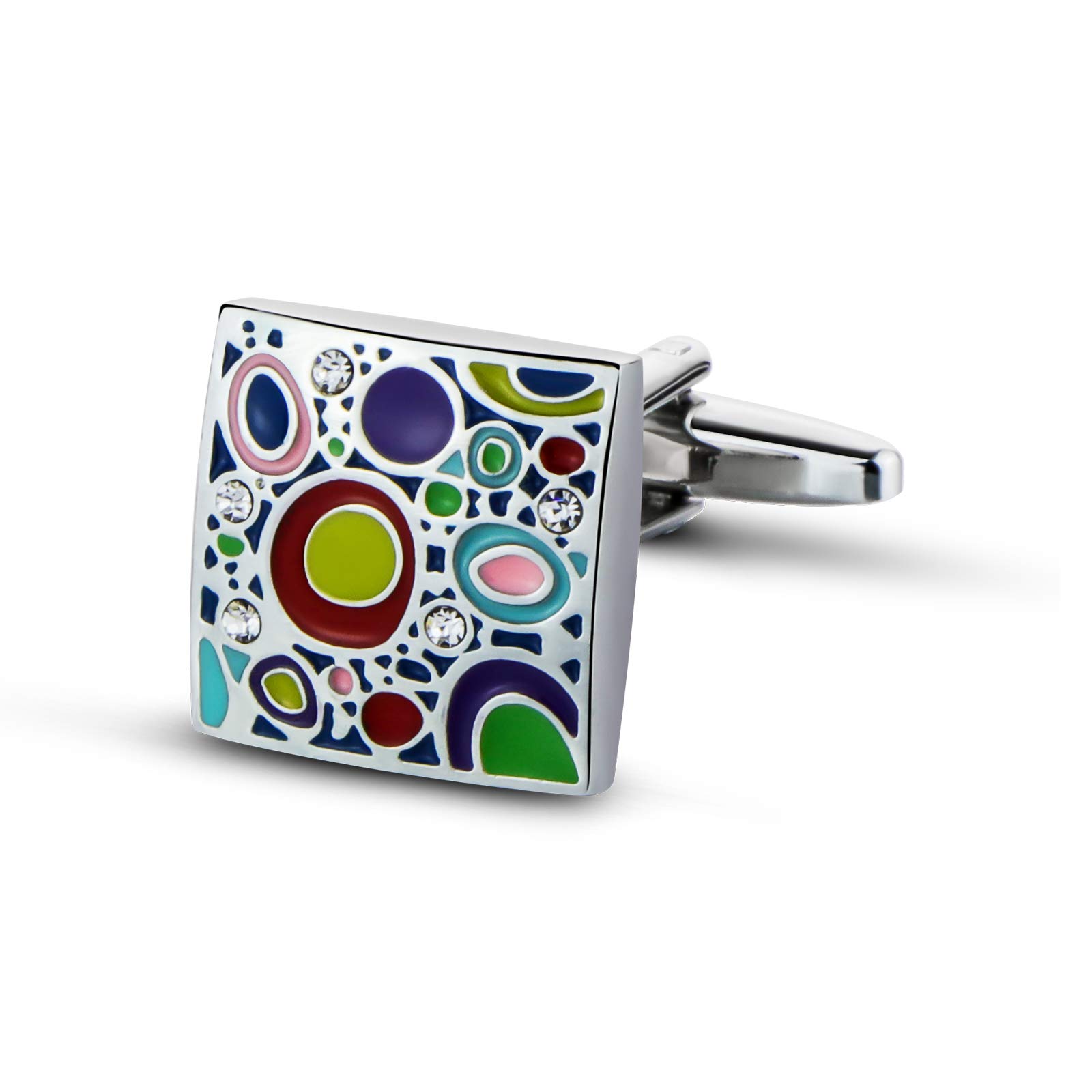 VIILOCK Silver Plated Cufflinks for Men Colorful Rainbow Crystal Cuff Links Wedding Gift