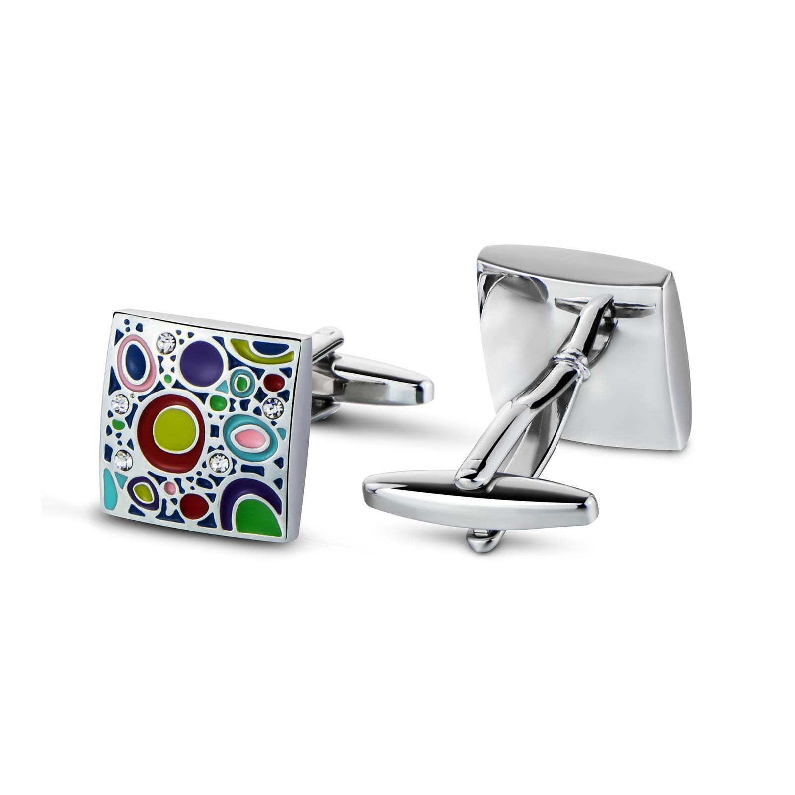 VIILOCK Silver Plated Cufflinks for Men Colorful Rainbow Crystal Cuff Links Wedding Gift