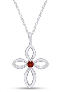 affy round shape simulated garnet open cross pendant necklace in 14k white gold over sterling silver for women 18" chain