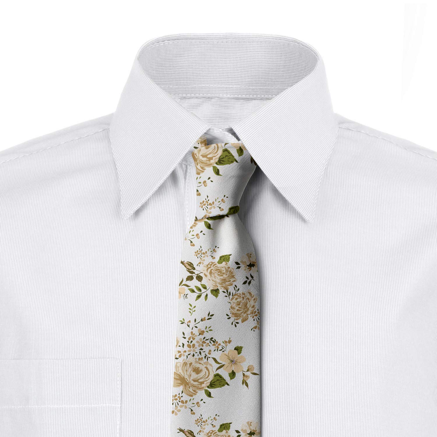 Ambesonne Men's Tie, Floral Roses Vector, 3.7", White Beige