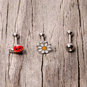 Body Candy 3Pc 16G Women 316L Stainless Steel Ladybug Flower Cartilage Earring Helix Tragus Jewelry Set 1/4"