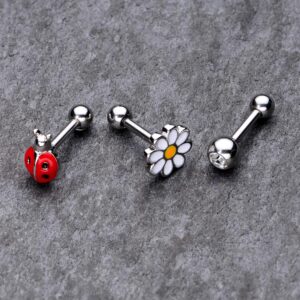 Body Candy 3Pc 16G Women 316L Stainless Steel Ladybug Flower Cartilage Earring Helix Tragus Jewelry Set 1/4"