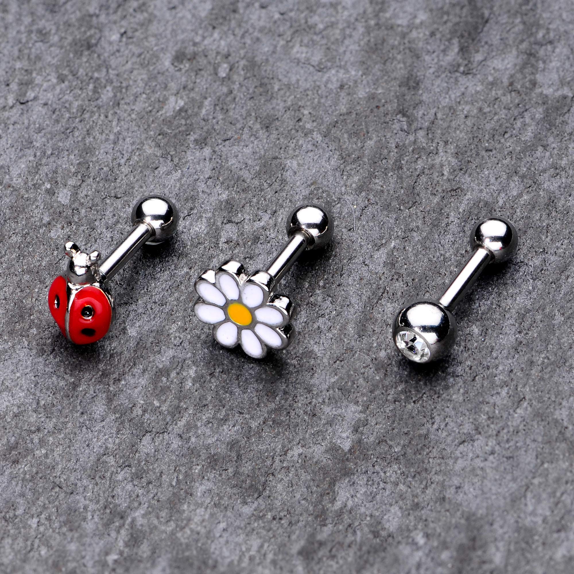 Body Candy 3Pc 16G Women 316L Stainless Steel Ladybug Flower Cartilage Earring Helix Tragus Jewelry Set 1/4"