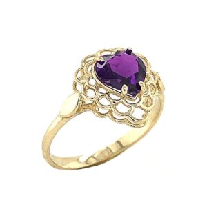 certified 10k yellow gold genuine amethyst filigree open-work ring (size 10.75)