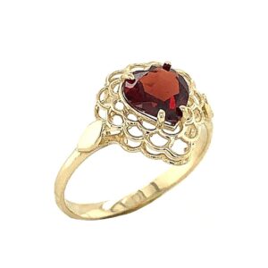 certified 14k yellow gold genuine garnet filigree open-work ring (size 8.75)