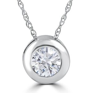 14k white, yellow, or rose gold 1/4 ct t.w. diamond round-cut bezel solitaire pendant women's necklace with 18" 14k gold chain