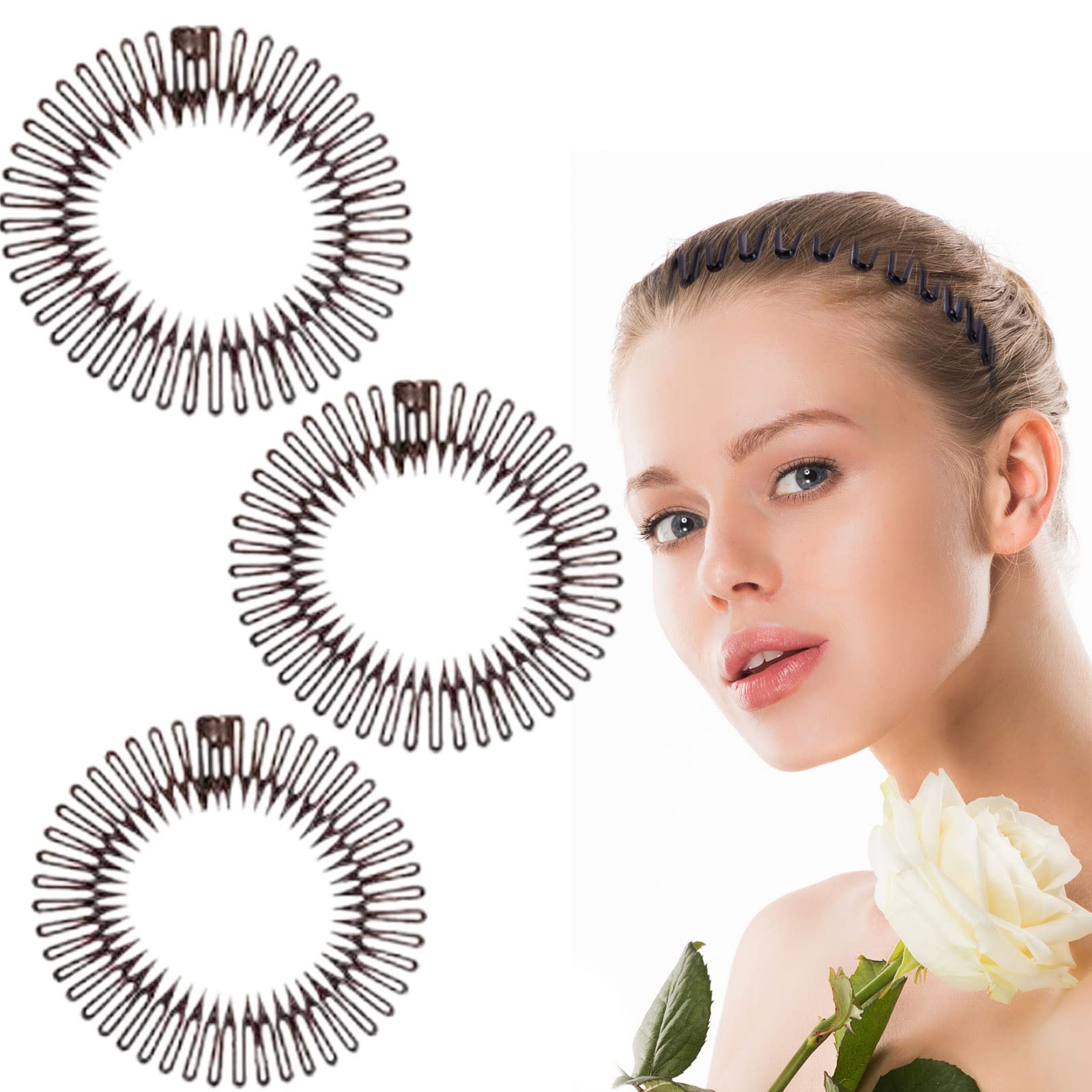 TUICARE 3Pieces Full Circular Stretch Comb Flexible Plastic Circle Comb Stretch Hair Comb Headband Hairband Holder for Women Girls