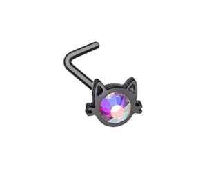 amelia fashion 20 gauge black aurora borealis cat face silhouette l-shape nose stud 316l surgical steel (black/aurora borealis)