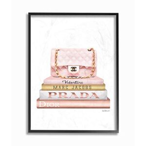 stupell industries fashioner purse bookstack pink white gold watercolor, design by artist amanda greenwood wall art, 11 x 14, black framed