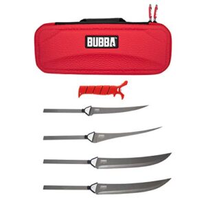 bubba multi-flex interchangeable blade, with non-slip grip handle, 4 ti-nitride s.s. coated non-stick blades and case for fishing