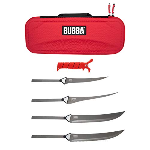 BUBBA Multi-Flex Interchangeable Blade, with Non-Slip Grip Handle, 4 Ti-Nitride S.S. Coated Non-Stick Blades and Case for Fishing