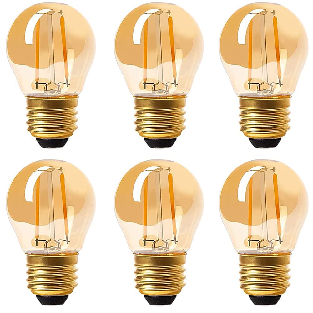 Panledo 2 Watt Vintage Edison LED Bulbs, Globe LED Filament Bulb, 2200K Ultra Warm Light, E26 Medium Base, A15 Amber Glass Antique Gold Tint, 25W Incandescent Replacement, Dimmable, Pack of 6