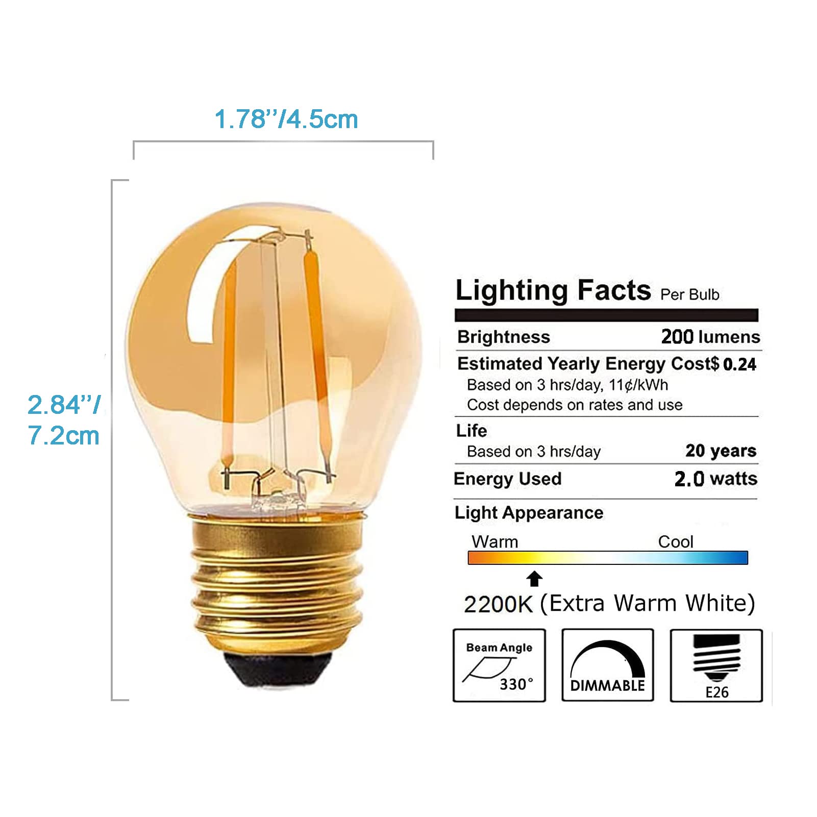 Panledo 2 Watt Vintage Edison LED Bulbs, Globe LED Filament Bulb, 2200K Ultra Warm Light, E26 Medium Base, A15 Amber Glass Antique Gold Tint, 25W Incandescent Replacement, Dimmable, Pack of 6