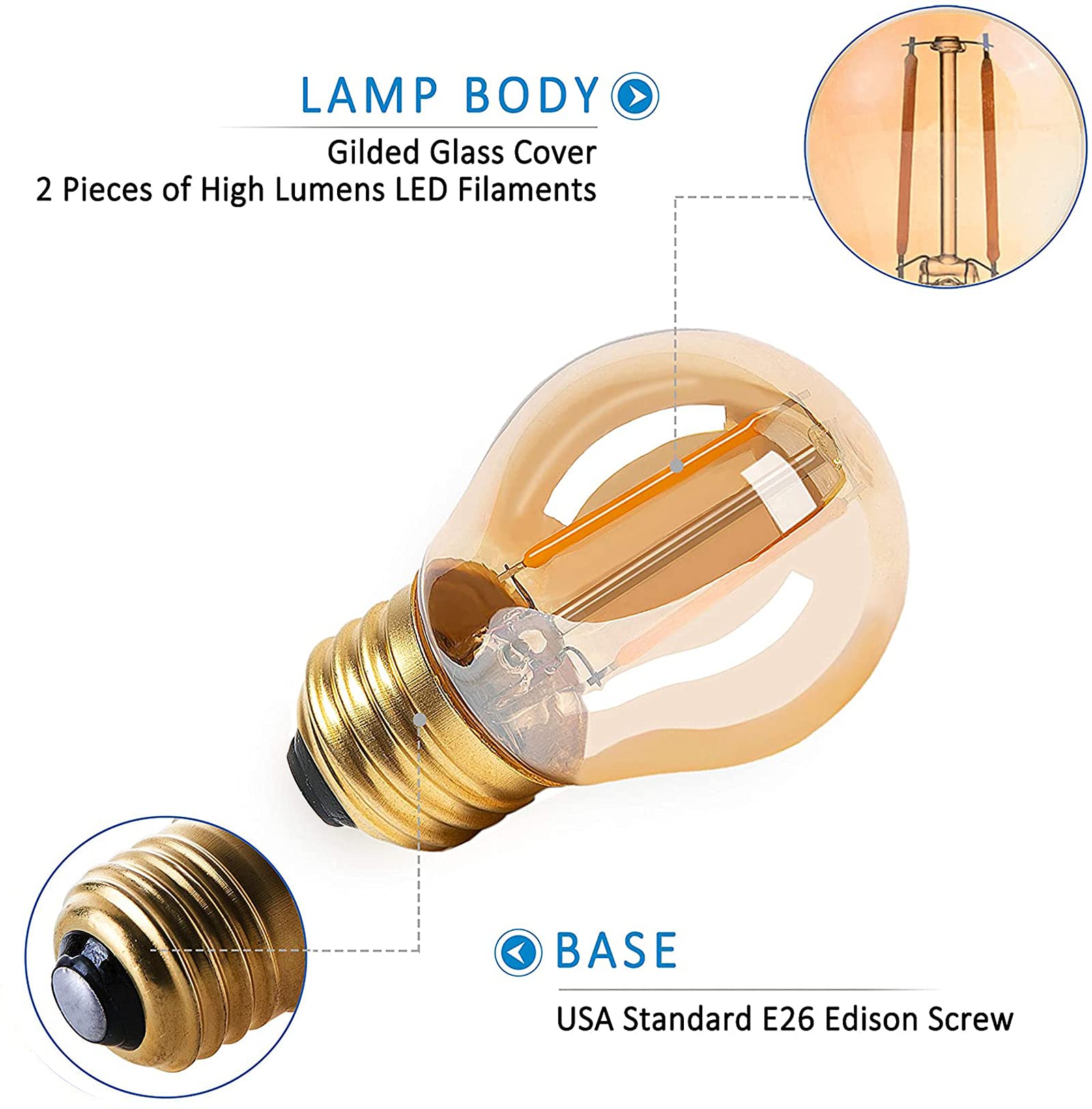 Panledo 2 Watt Vintage Edison LED Bulbs, Globe LED Filament Bulb, 2200K Ultra Warm Light, E26 Medium Base, A15 Amber Glass Antique Gold Tint, 25W Incandescent Replacement, Dimmable, Pack of 6