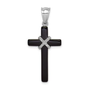 The Black Bow Rhodium-Plated Sterling Silver & Black Onyx Cross Pendant, 16 x 37mm