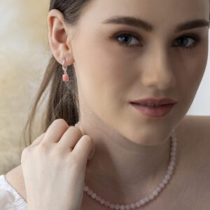 925 Sterling Silver 8x6mm Oval Shape Genuine or Simulated Gemstone Leverback Drop Dangle Earrings, Pink Coral