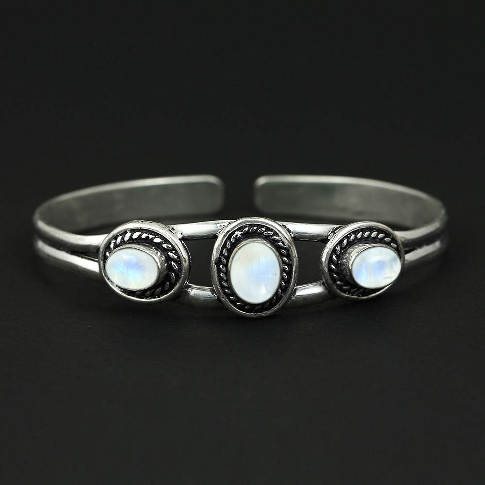 4.40 Cts Moonstone Bangle For Women Silver Overlay Handmade Vintage Boho Style Jewelry Mother's Day Gifts For Mom Wife